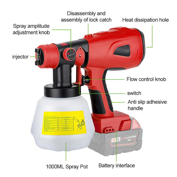 Cordless Paint Spray Gun For Milwaukee 18V Battery 1000ml